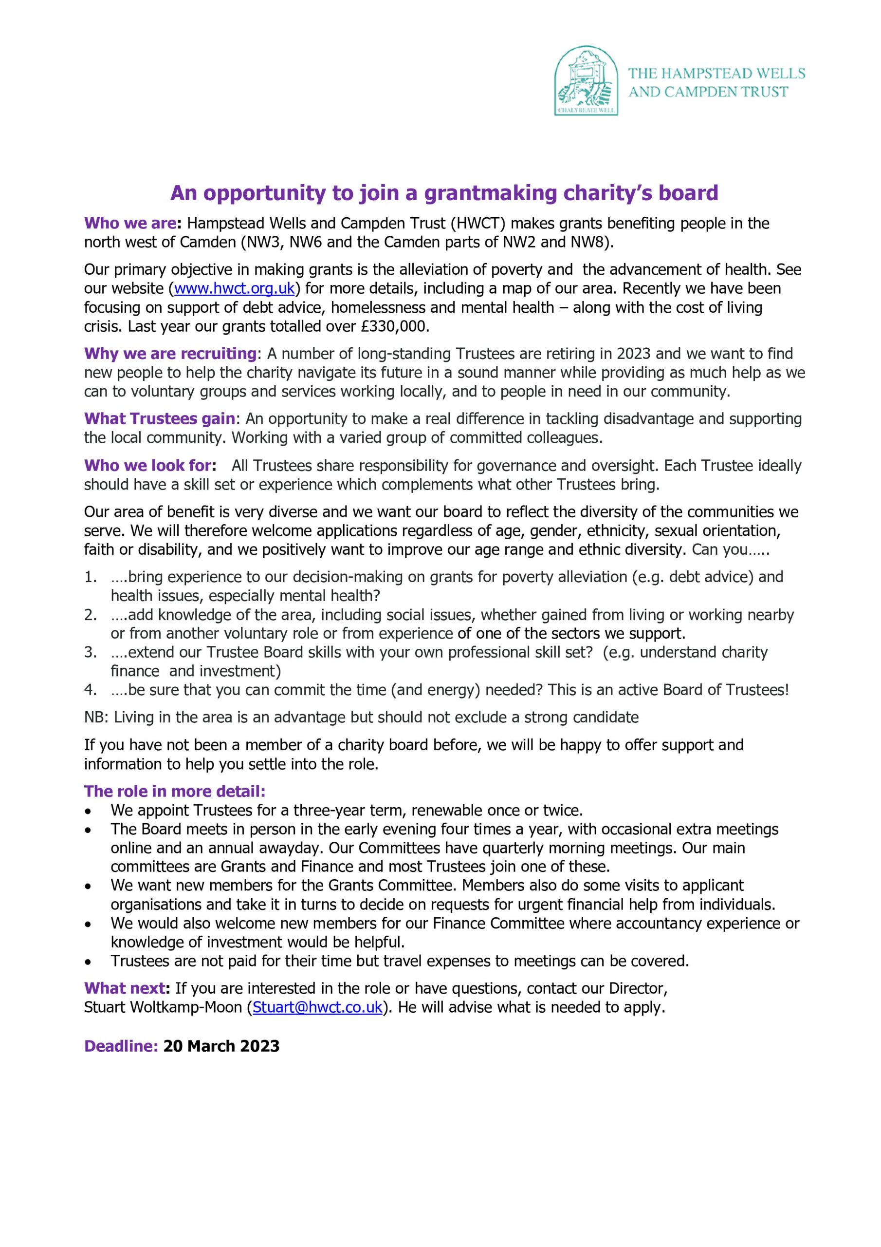 Two Local Trustee Roles are Recruiting Now - Volunteer Centre Camden